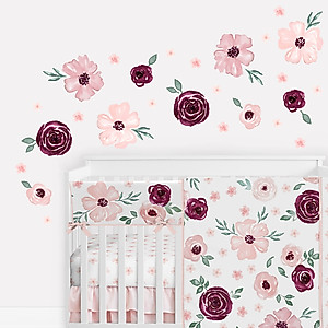 Sweet Jojo Designs Burgundy Watercolor Floral Large Peel and Stick Wall Decal Stickers Art Nursery Decor - Set of 4 Sheets - Blush Pink, Maroon, Wine, Rose, Green, White Shabby Chic Flower Farmhouse