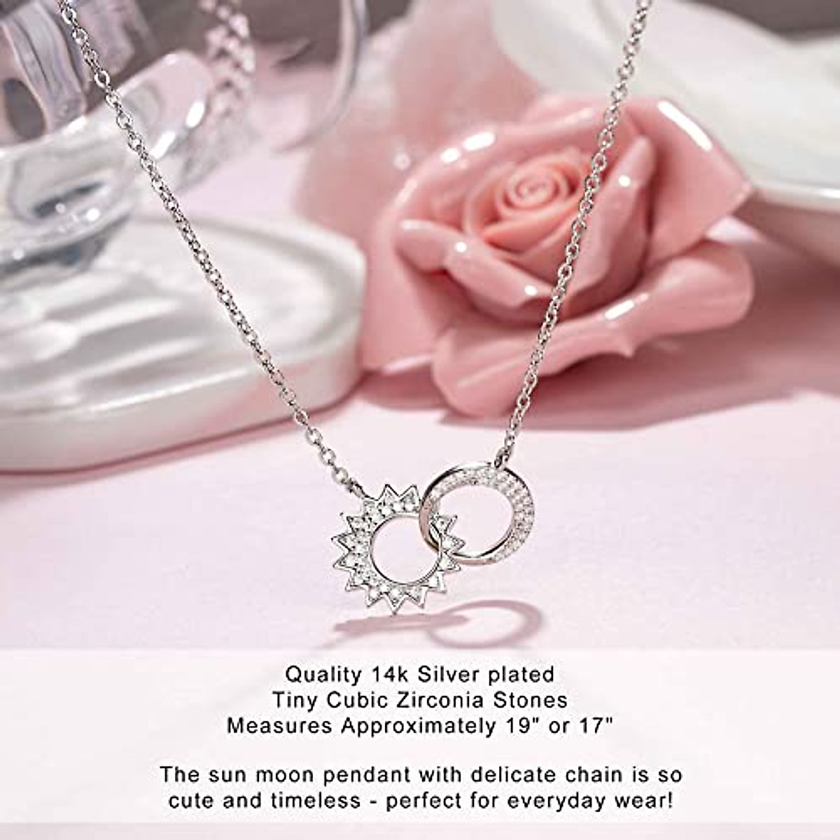 AnotherKiss Sun and Moon Necklace, Best Friend Friendship Necklace Gifts for Women Girls, BFF Sister Necklace Gifts, Silver Tone