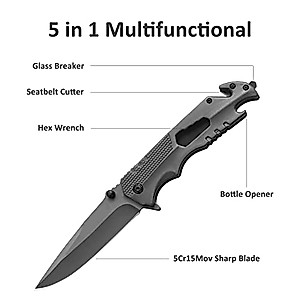 Link Knife Pocket Knife 5-in-1 Large Blade Cutting, Bottle Opener & No. 4 Wrench,Seatbelt Cutter, Glass Breaker for Emergencies, with Liner-Lock, Clip,Multifunctional Folding Knife, Gray