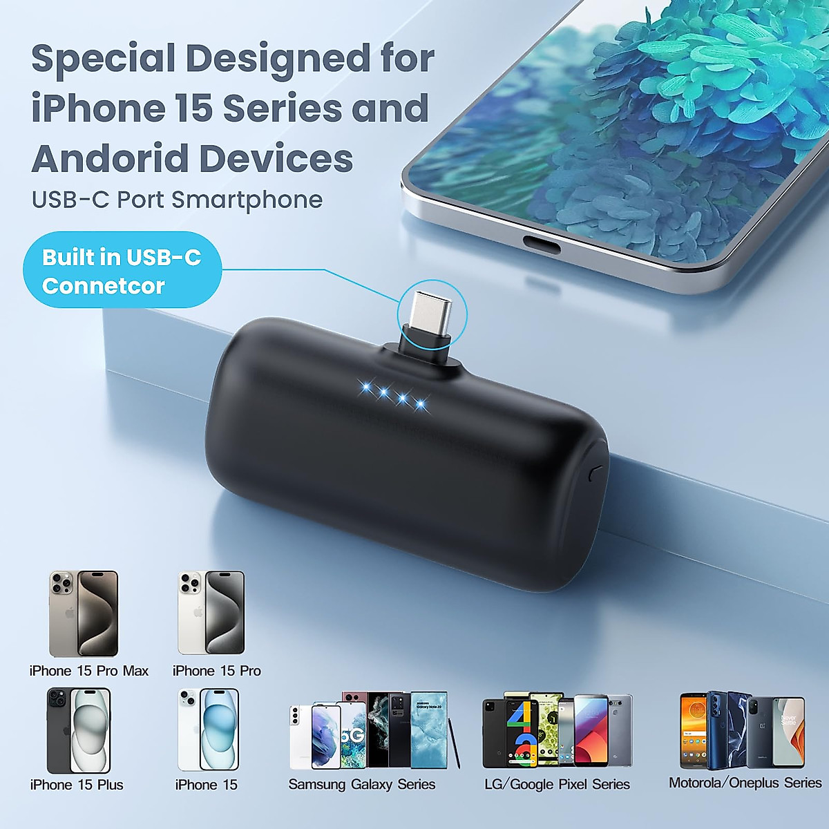 Mini Portable Charger USB-C Power Bank, 5200mAh Portable Phone Charger, Compact Plug in Battery Pack Compatible with iPhone 15/15Plus/15Pro/15Pro Max Samsung S23/S22 Moto iPad Pro Android Phone etc