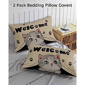 Edwiinsa Funny Cute Cat Pillow Covers Standard Size Set of 2 20x26 Bed Pillow, Black Paws Rustic Retro Beige Plush Soft Comfort for Hair/Skin Cooling Pillowcases with Envelop Closure