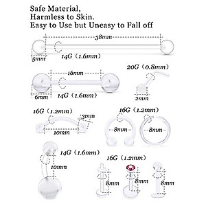 Vsnnsns 14G-20G Body Jewelry Piercing Lot Acrylic Clear Piercing Retainer Flexible Nose Lip Tongue Eyebrow Septum Ring Cartilage Tragus Earrings Navel Belly Button Rings Barbells Body Jewelry 72Pcs