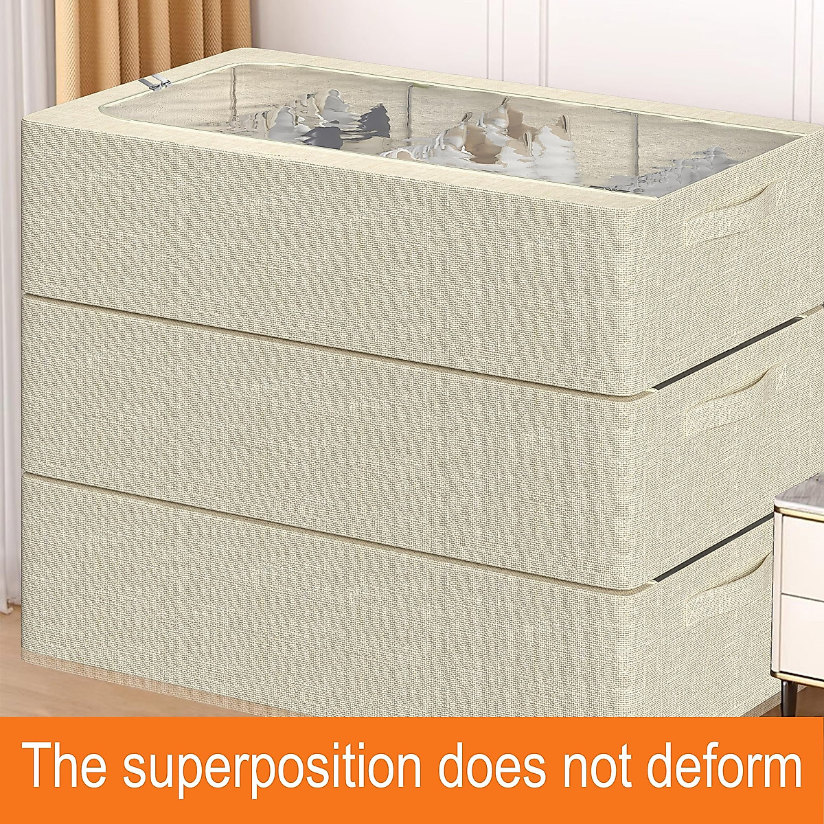 GRSQYS Under Bed Storage Bins with Metal Frame, Shoe Organizer for Closet with Large Clear Windw,Foldable Stackable Linen Fabric Clothes Organizer Bins (Beige, 23.6(L) x13(W) x6(H) inch)