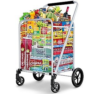 winkeep Newly Released Grocery Utility Flat Folding Shopping Cart with 360° Rolling Swivel Wheels Heavy Duty & Light Weight Extra Large Utility Cart