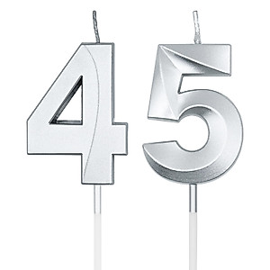 Silver 45th & 54th Birthday Candles for Cakes, Number 45 54 Candle Cake Cupcake Topper for Birthday Anniversary Party Decoration