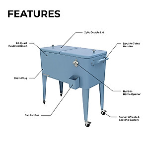 Permasteel 80-Qt Classic Outdoor Patio Cooler for Outside Beverage Rolling Cooler Bar Cart with Wheels & Handles, Retro Design, Blue