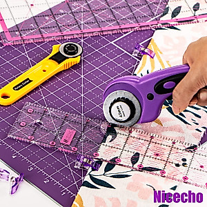 Rotary Cutter Set,Nicecho Sewing Quilting Supplies,45mm & 28 mm Fabric Cutters,8 Rotary Cutter Blades,A3 Cutting Mat for Sewing,6x12 & 2.5x12 In Quilting Rulers,Ideal Quilt kits for Lovers & Beginners