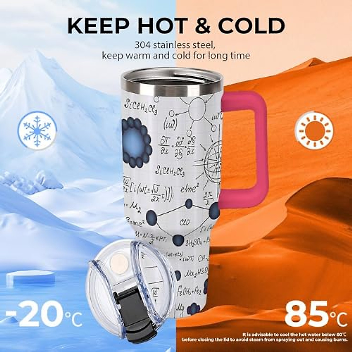 Chemical Formula 40oz Water Bottle Double Wall Insulated Tumbler with Handle Leakproof Travel Mug Light Rose Red-style