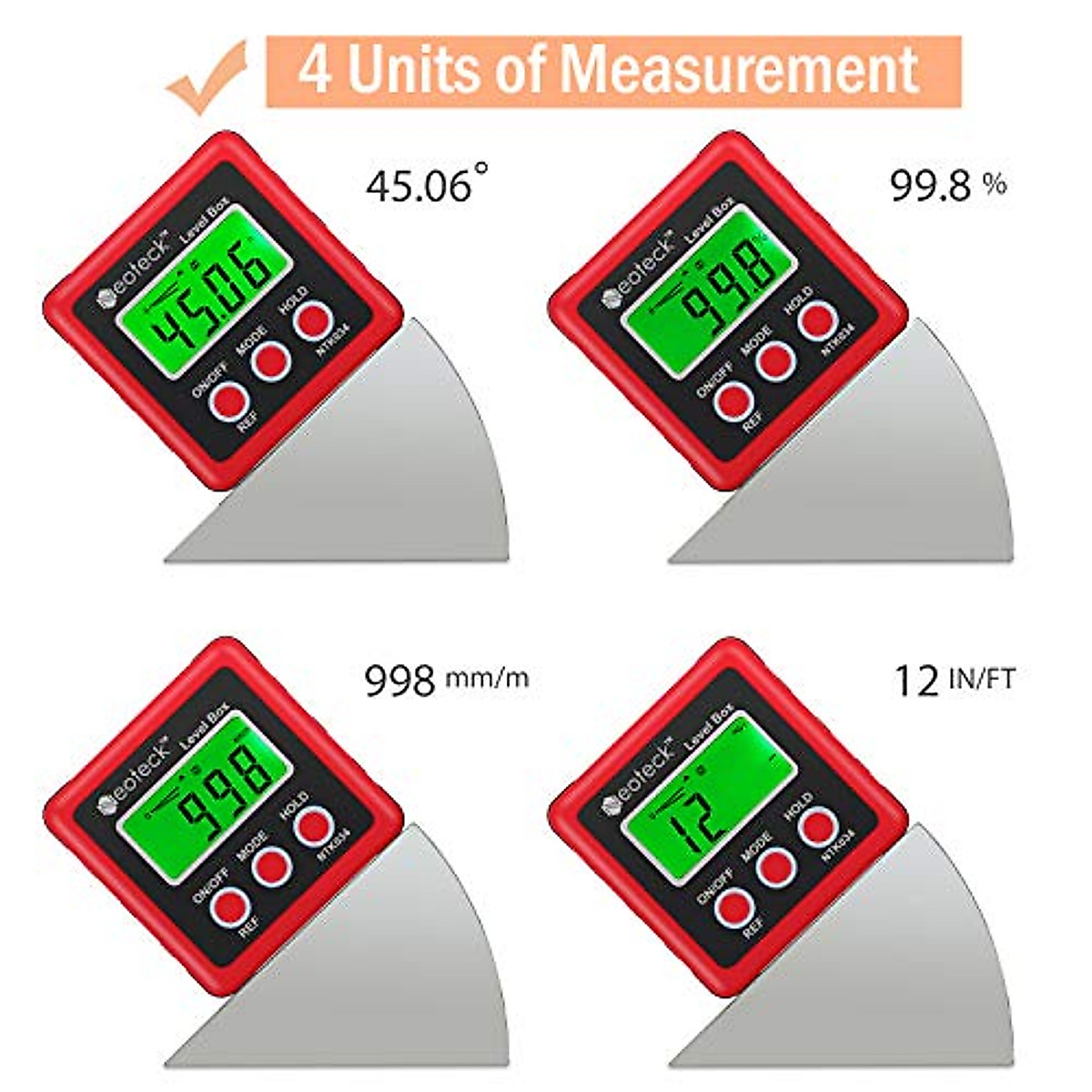 Neoteck Digital Angle Finder, Backlight LCD Digital Angle Gauge Protractor Inclinometer Bevel Box, Magnetic Base, Data Hold, IP54 Dust and Water Resistant- Red