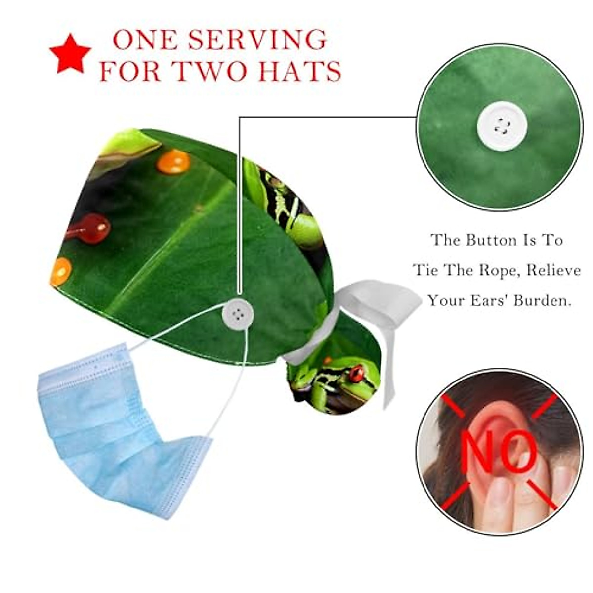 2-Pc Scrub Hats Women Bouffant Hats,Work Hat with Buttons and Cotton Sweatband,Red Eyes Tree Frog Rain Forest