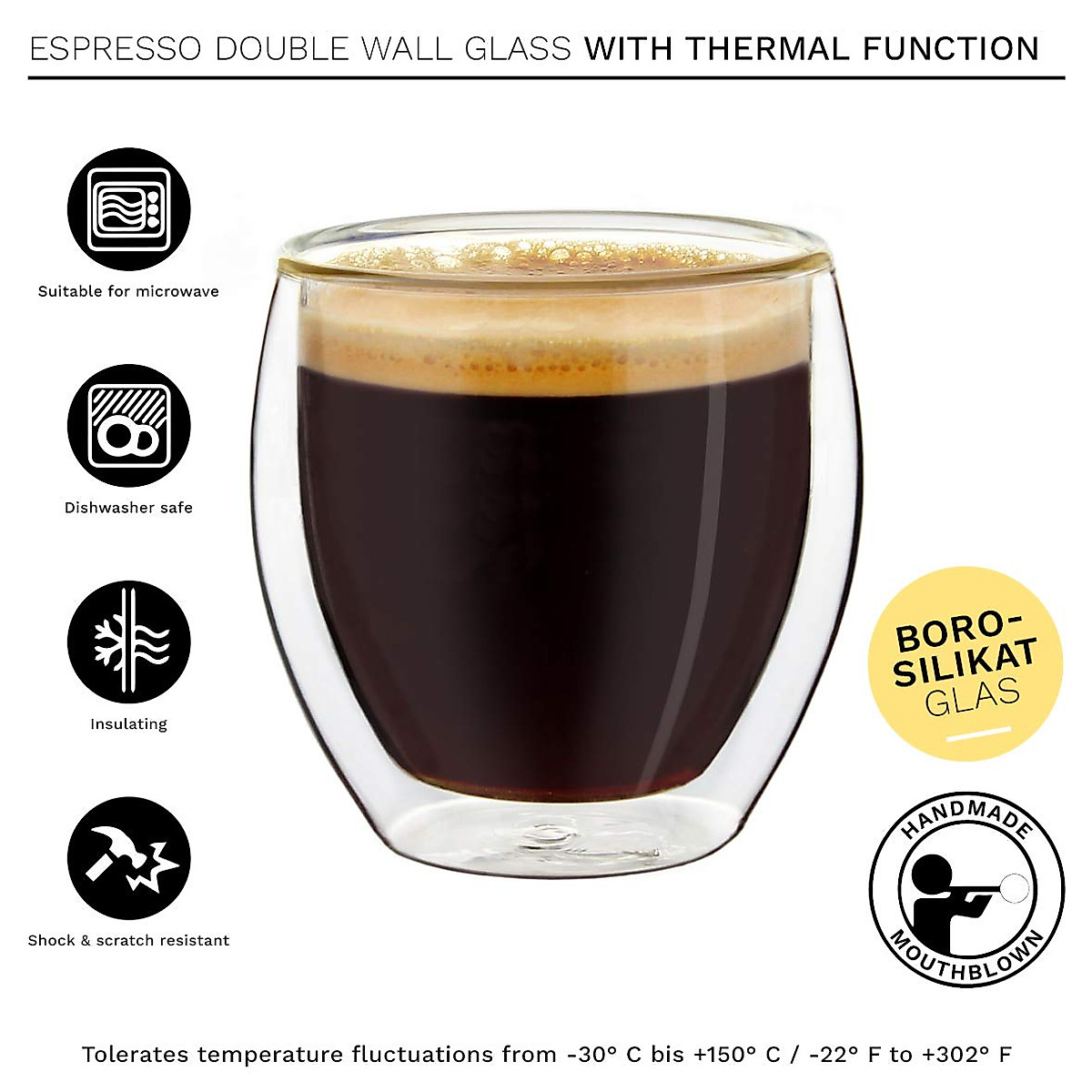Creano Double Wall Espresso Glasses 3.5 OZ, Insulated Glass Cups - 6X 3.5oz (100ml)