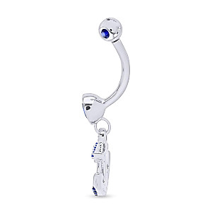Round Shape Simulated Blue Sapphire Anchor Dock Belly Navel Ring in 14K White Gold Over Sterling Sliver
