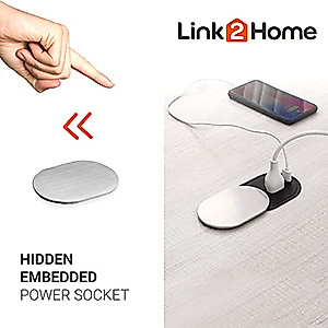 Link2Home Space Saver Grommet Socket with USB, 1 Power Outlet 15A, 1 USB Port 2.4A Fast Charge, Splash Resistant, and Stainless-Steel Finish