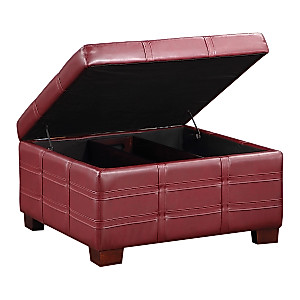 OSP Home Furnishings Detour Strap Square Storage Ottoman with Tray and Solid Wood Legs, Crimson Red Faux Leather