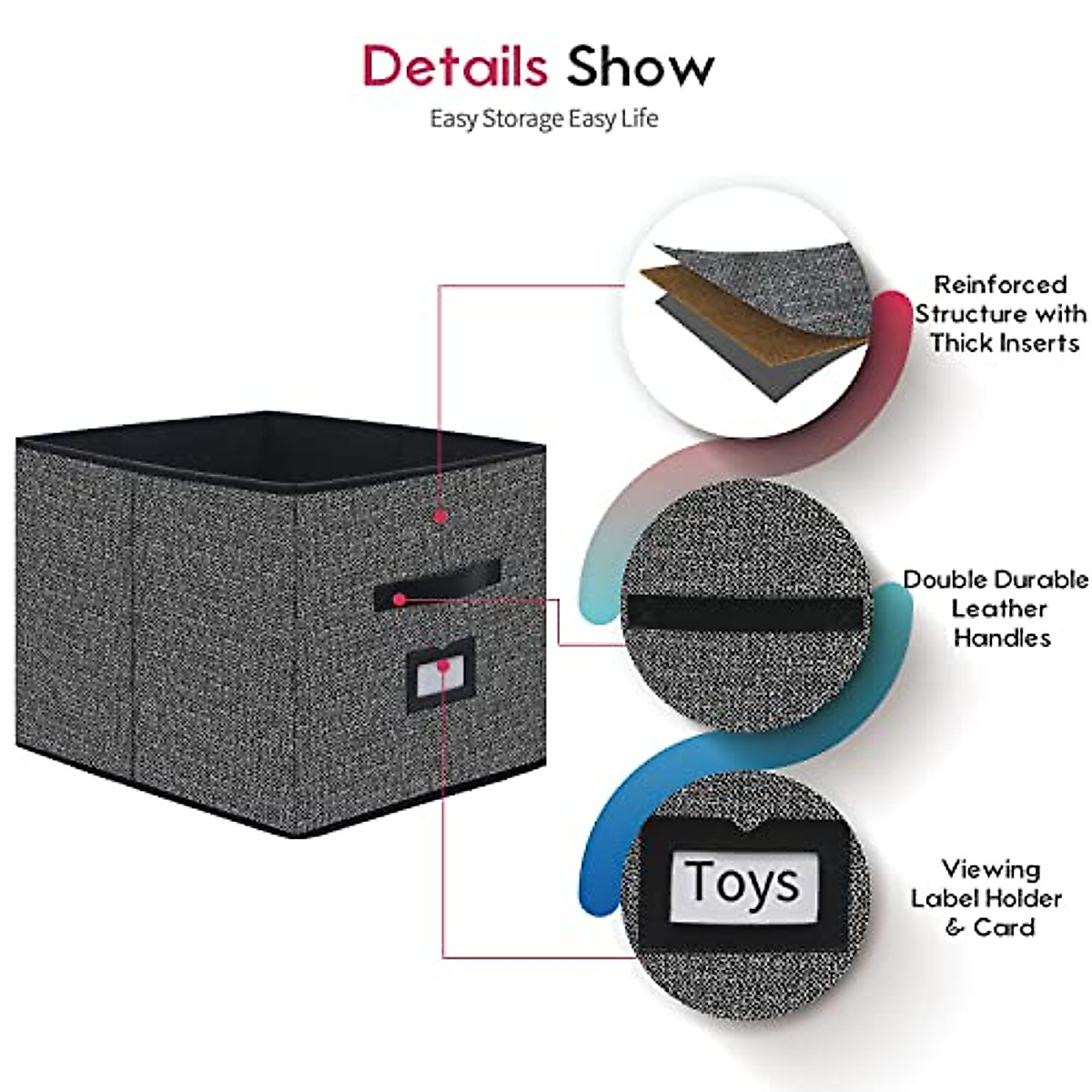 Onlyeasy Large Foldable Cloth Storage Cubes 4 Pack with Label Holders - Fabric Storage Bins Baskets Organizers for Home Office Nursery Cubby with Leather Handles, 13Wx15Dx13H Inch, Black, MXABXL04PLP