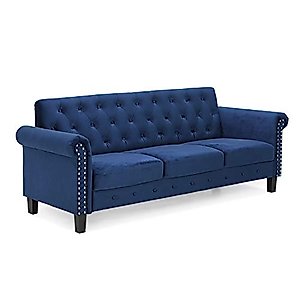 Furinno Bastia Vintage Modern Chesterfield Button Tufted 3-Seater Sofa Couch for Living Room, Navy Velvet