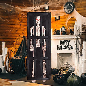 Halloween Animatronics Skeleton Decor Props,64 Inches Halloween Interactive Hanging Caged Skeleton with Lights Sounds and Vibration, Skeleton Decorations Outdoor Tree Lawn Garden Backyard
