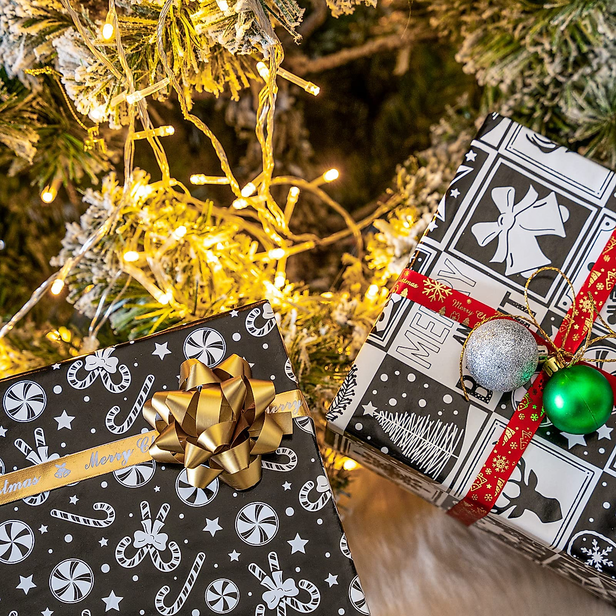 LeZakaa Christmas Wrapping Paper Mini Roll - Bell & Tree/Candy Canes/Snowflakes in Black & White for Gift Wrap, Arts Crafts - 17 x 120 inches - 3 Rolls (42.5 sq.ft.ttl.)