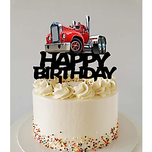 Heavy Truck Cake Topper Black Acrylic Transportation Theme Birthday Supplies, Heavy Truck Happy Birthday Cake Topper for Kid's Boy's Men' Birthday Party Decorations（Red）