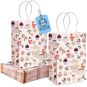 VGOODALL 24PCS Tea Party Gift Bags, 5.5x2.8x8 Inches Gift Bags with Handles Party Favor Bags Goodie Bags Paper Bags For Girl Birthday, Party Supplies, Wedding, Baby Shower, Crafts, Lady Shopping Bags