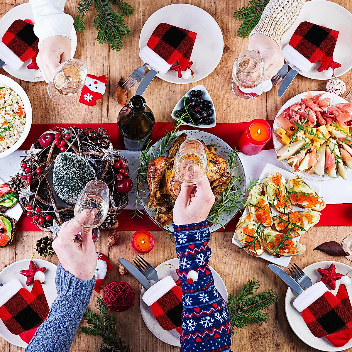 60 Pieces Christmas Santa Hats Silverware Holders Red and Black Plaid Cutlery Holder Christmas Silverware Pouch Holders Christmas Hat Wine Bottle Cover Xmas Party Dinner Table Dinnerware Decorations