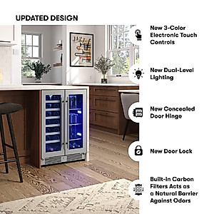 Zephyr Presrv 24 Inch Wine Fridge & Beverage Refrigerator Dual Zone Under Counter - Wine Cooler Cellars Small Beer Fridge Cabinet Drink Chiller Freestanding with French Glass Door 21 Bottles, 64 Cans
