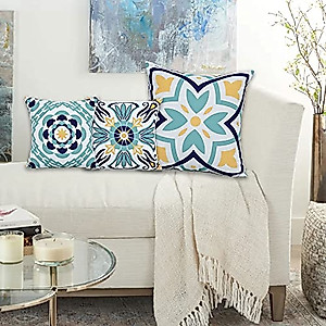 BOYSUM Set of 4 Outdoor Pillows Cover Waterproof Throw Pillow Covers Boho Cushion Cover for Patio Furniture 18x18 Inches Yellow