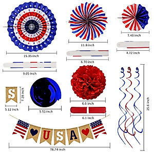 26Pcs Patriotic Decorations 4th of July Decor - LOVE USA Banner Red White Blue Paper Fans Star Streamer Pom Poms Hanging Swirls for Veterans day,Labor Day,Presidents Day,Flag Day