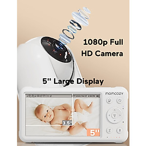 Momcozy Video Baby Monitor, 1080P 5" HD Baby Monitor with Camera and Audio, Infrared Night Vision, 5000mAh Battery, 2-Way Audio, Temperature Sensor, Lullabies and 960ft Range, Ideal for New Moms