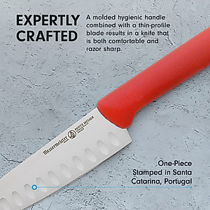 Messermeister Petite Messer 5” Kullenschliff Santoku Knife, Red - German 1.4116 Stainless Steel & Ergonomic Handle - Lightweight, Rust Resistant & Easy to Maintain