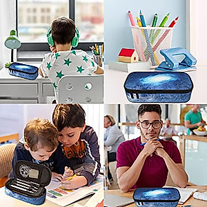 Large Capacity Galaxy Pencil Pen Case for Boys Girls Teen, 3 Compartments Durable Pencil Box with Zipper Organizer Pencil Bag Stationery Pouch Makeup Bag Supplies Office Stuff