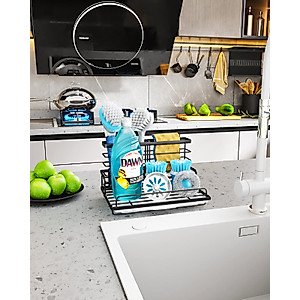 SWTYMIKI Sink Caddy Kitchen Sink Organizer, Large Capacity Sink Sponge Caddy with Pull-Out Drainage Tray Rustproof Kitchen Sponge Holder with Detachable Basket for Sponge and Brush, Black