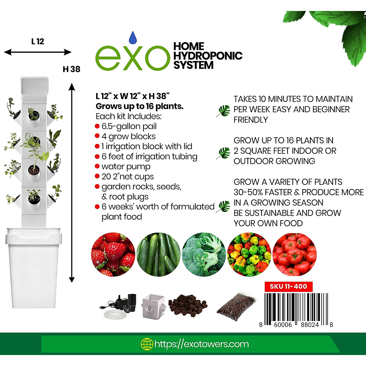 EXO Garden Hydroponic Growing System Vertical Tower - Vegetable Plant Tower Gift for Gardening Lover - Automate Aeroponics Mini Indoor Outdoor Home Grow Herb
