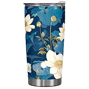 QWEUIOP 20oz Insulated Travel Coffee Mug Vintage Lotus Pattern Stainless Steel Tumbler with Lid Double Wall Vacuum Coffee Cup For Hot and Cold Drinks13953