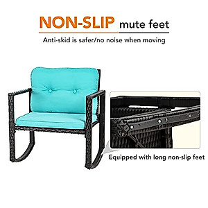 FDW Outdoor Conversation Sets Rattan Furniture Wicker Rocking Chairs with Blue Cushions and Glass Coffee Table for Balcony Poolside Garden Patio Porch Backyard