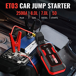 S ZEVZO ET03 Car Jump Starter 2500A Jump Starter Battery Pack for Up to 8.0L Gas and 7.0L Diesel Engines, 74Wh Portable 12V Jump Box with USB Ports, LCD Display, Storage Case, and LED Light