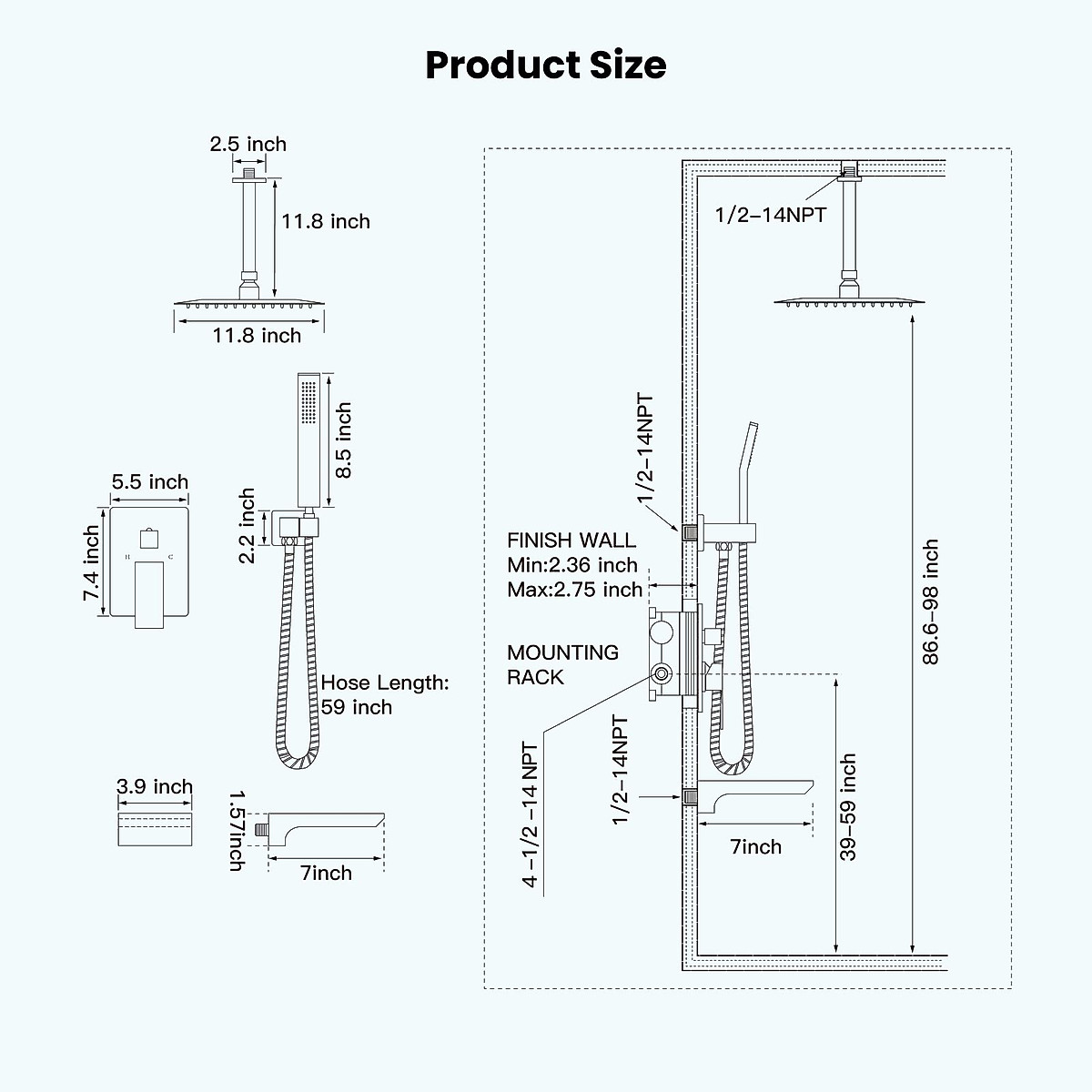gotonovo Rain Mixer Shower Faucet Set Combo with Waterfall Tub Spout Rain Shower System Ceiling Mount Rainfall Shower Head with Handheld Spray Rough-in Valve and Trim Included Matte Black 12''