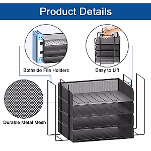 LUCYCAZ Desk Organizer with File Holder - File Organizer for Desk, 4 Tier Desktop Organizer Stackable Paper Letter Tray with Magazine Holder, Mesh Desk Paper Storage for Office, School, Home, Black