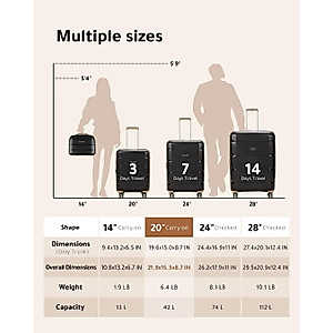 LUGGEX Black Carry On Luggage with Spinner Wheels, PP Lightweight Suitcase with 14 Inch Case, Expandable Luggage 2 Piece