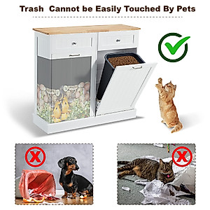 GTQuality Double Tilt Out Trash Cabinet, Dual Kitchen Trash Bin Cabinet with Hideaway Drawer, Wooden Free Standing Recycling Cabinet Garbage Can Holder Pet Proof(White)