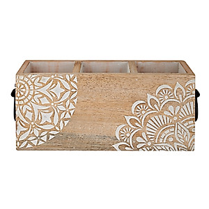 Eximious India Bathroom Decor Wooden 3 Compartment Silverware Holder Utensil and Cutlery Caddy Makeup Organizer for Parties Countertop for Spoon Fork and Knife Basket 10 x 4.5 x 5 Inches (MI03)