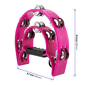 KOHAND 6 Packs 9 Inch Half Moon Tambourine, Double Row Tambourine, Handheld Tambourine with Ergonomic Handle, Plastic Musical Percussion Tambourines, Black, Blue, Magenta