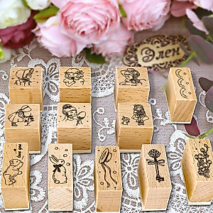 Wooden Plant Patterns Rubber Stamp - Plant and Flower Decorative Wooden Rubber Stamp Set for DIY Craft Card Scrapbooking Supplies Photo Album, Hand Book, Planner, Scrapbooking, 12Pcs (Young Girl)