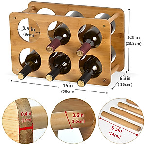 IWNTWY Wine Rack, 2 Tier 6 Bottles Bamboo Wine Racks for Cabinet Countertop, Free Standing Wine Shelf Holder Organizer for Kitchen Bar Pantry Table Top