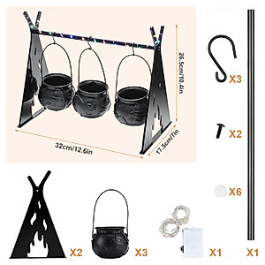 NiHome Halloween Witch Cauldron Mini Set with LED Fairy Lights & Flame-Patterned Stand for Candy, Décor & More, Multi-Occasion Centerpiece Glossy Black Bowls for Halloween, Birthdays, Themed Parties