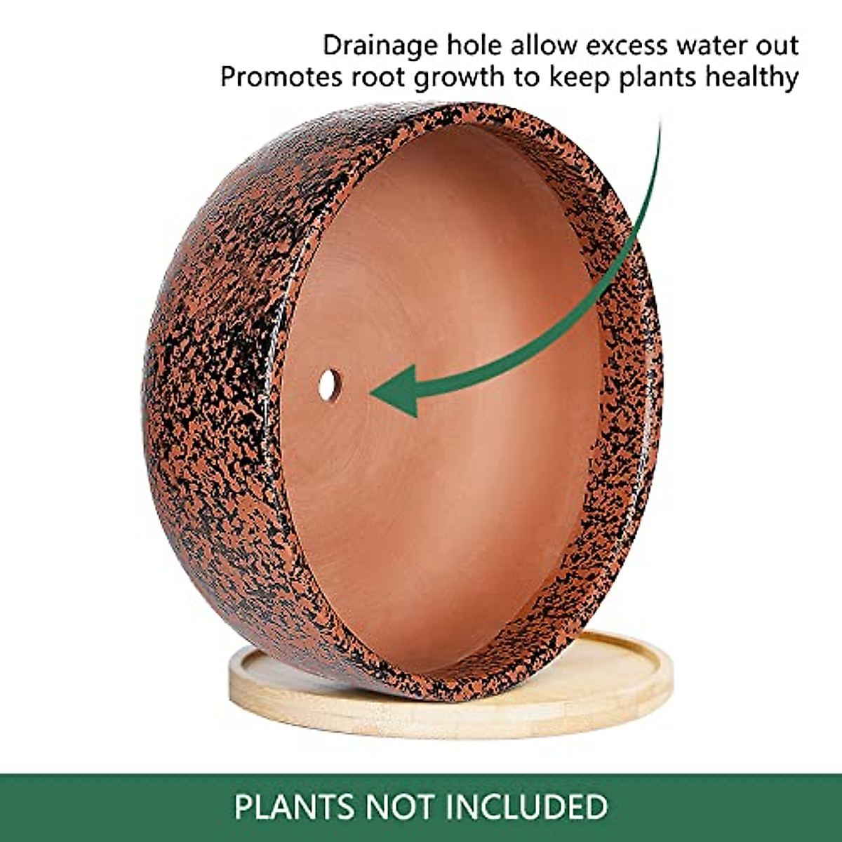 G EPGardening 8 Inch Terracotta Succulent Planter Pot with Drainage Hole Round Shallow Bonsai Planter Pot with Bamboo Saucer Flower Pot for Indoor Plants Black