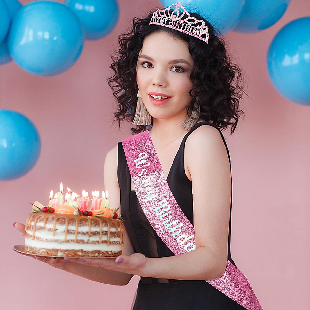 ACO-UINT Birthday Crown for Women, Pink Birthday Headband Birthday Sash It's My Birthday Crown, Birthday Girl Crown Birthday Tiara Birthday Decorations Birthday Gifts