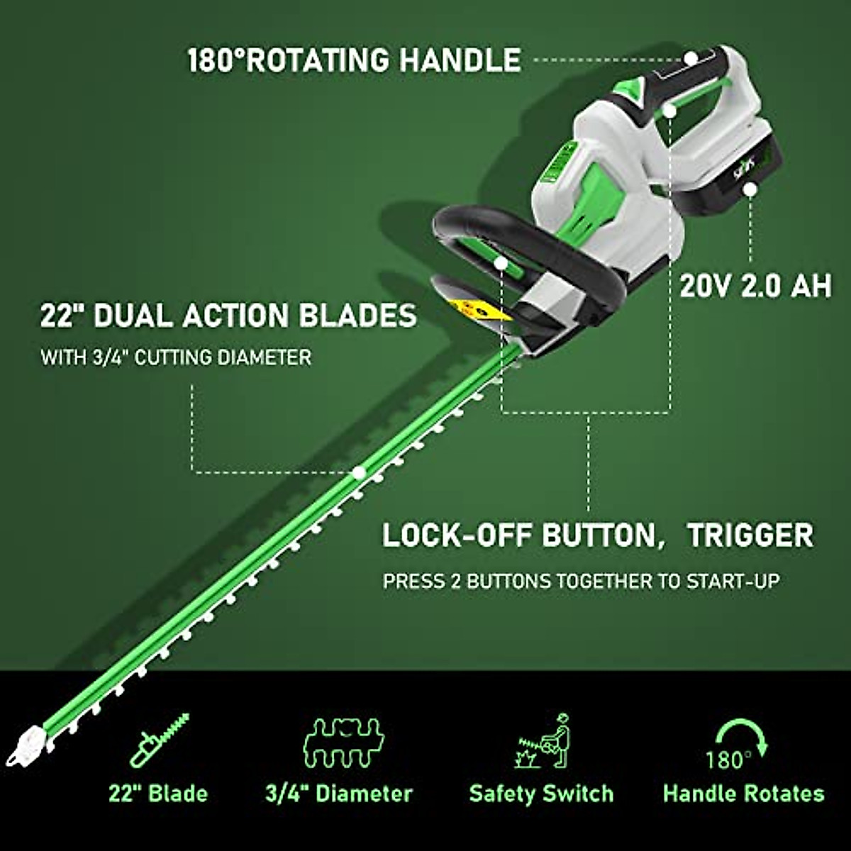 Cordless Hedge Trimmer Battery&Charger SOYUS 20V 2.0AH Electric Hedge Trimmer 22In Dual Action Blades 3/4’’ Cutting Capacity Bush Trimmer for Bush Shrub Branch