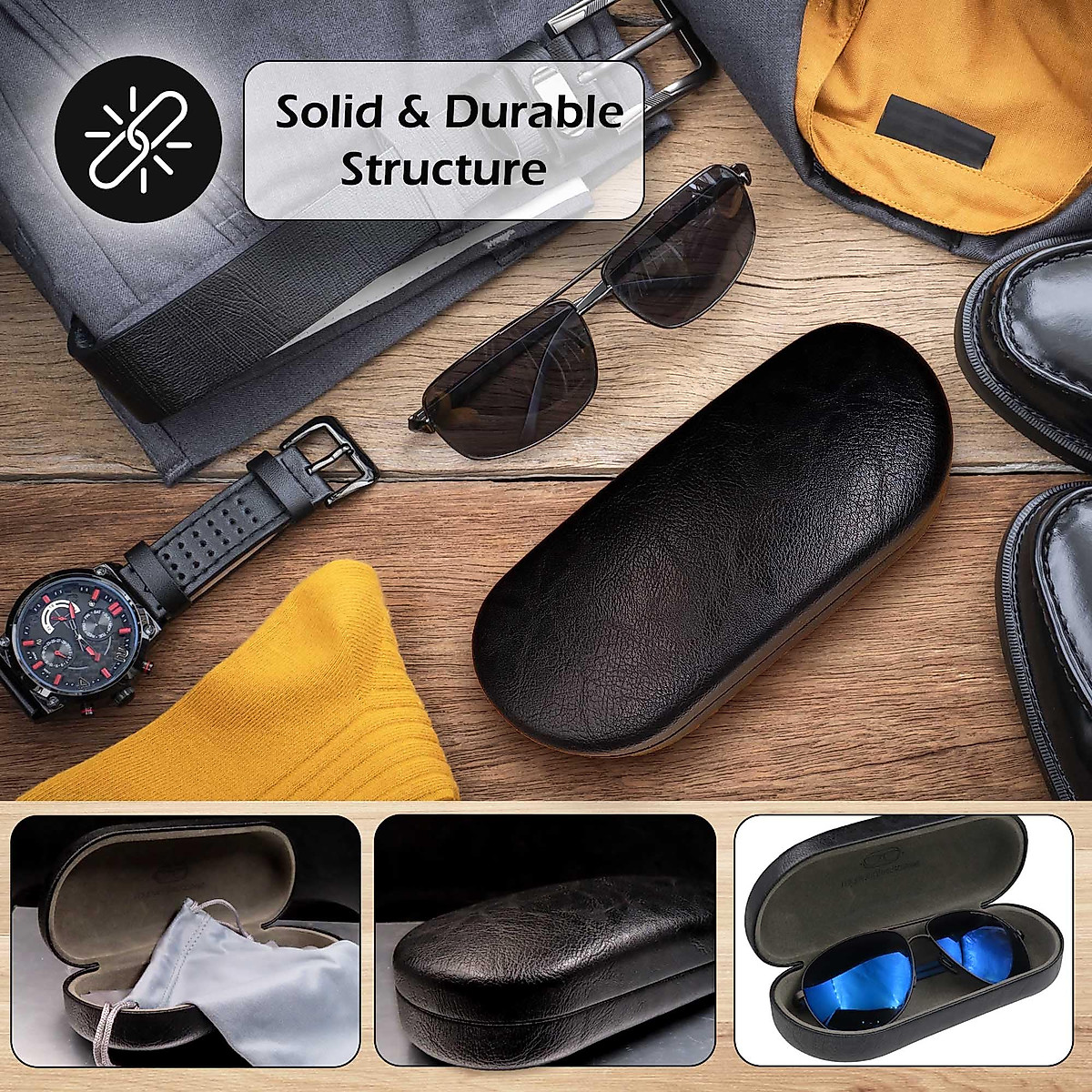 My Eyeglass Case - Men Sunglasses case in Premium Leather Like - Eyeglasses Case Hard Shell with Microfiber Pouch & Cloth Glasses Case - Medium to Large for Men and Women (AS87 Black with Pouch)