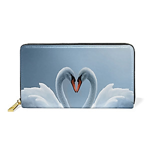 Two Swan Ducks Making Heart Swimming on Water Beautiful Scene Leather Long Wallet Organizer with Zipper Purse Clutch Bag for Women Men